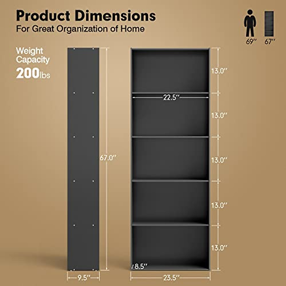 Tangkula 5-Shelf Bookcase, 23.5''L x 9.5''W x 67''H, Multi-Functional Wood Storage Display Open Bookshelf for Home Office (Black)