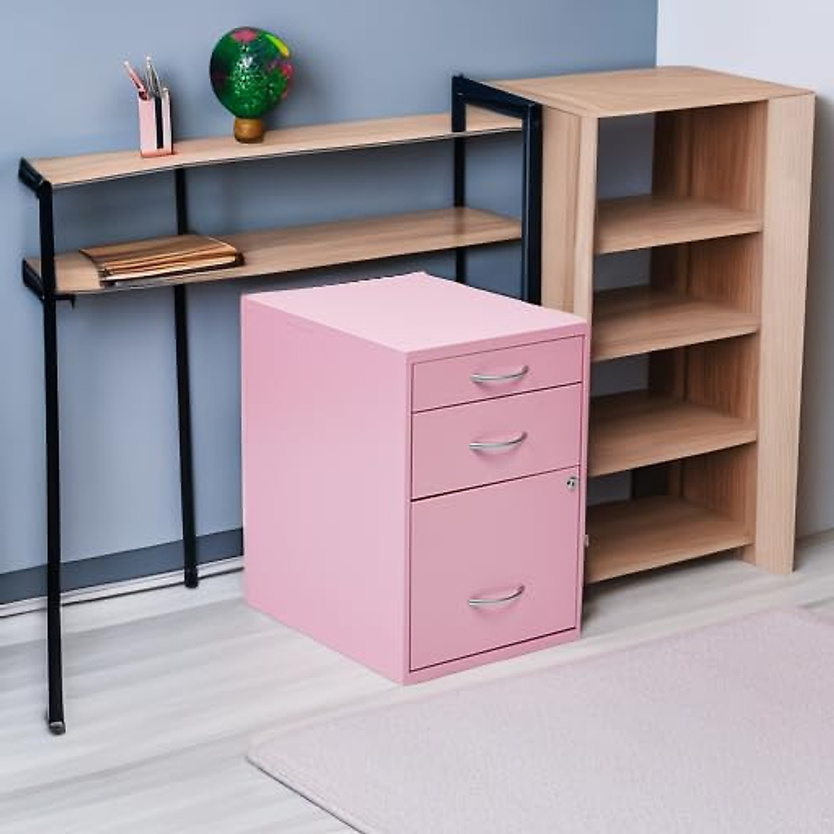 OSP Home Furnishings HPB Heavy Duty 3-Drawer Metal File Cabinet for Standard Files and Office Supplies, Pink Finish