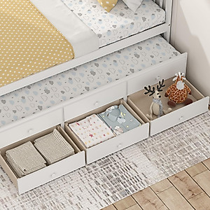 KOMFOTT Wood Twin Trundle Bed with Storage Drawers, Daybed with Trundle, No Box Spring Needed Daybed Frame, Twin Size Captain’s Bed