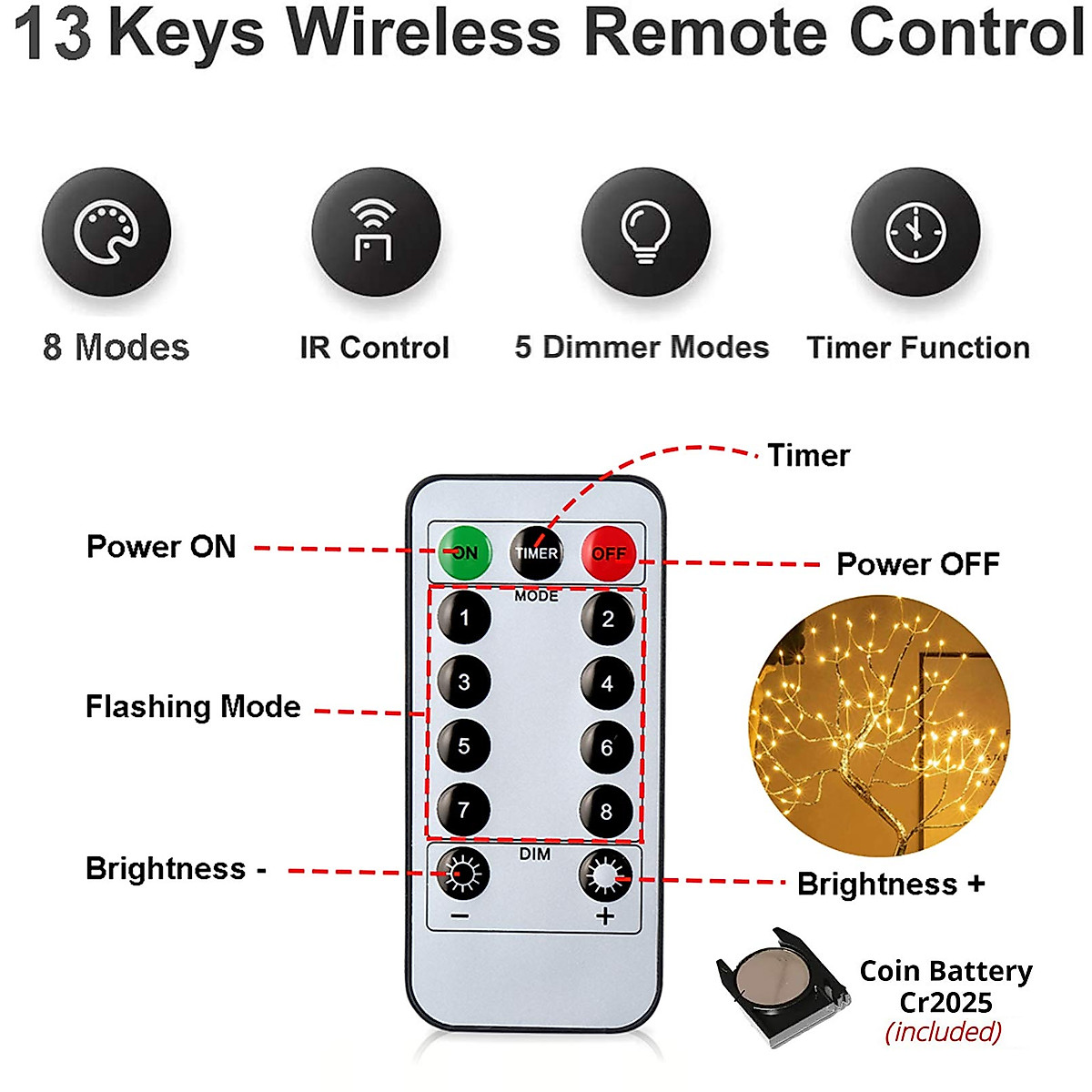 108 LED Sparkly Fairy Spirit Tree Lamp Remote Control, 8 Modes USB/Battery Tabletop Bonsai DIY Artificial Tree Light for Bedroom Desktop Christmas Party Indoor Decor Lights (Warm White)