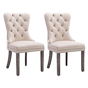 Eifizek Velvet Dining Chairs Set of 2, Tufted Dining Room Chairs with Nailhead Ring Pull Trim, Upholstered Dining Chairs with Solid Wood Legs for Kitchen Dining Room (Beige)
