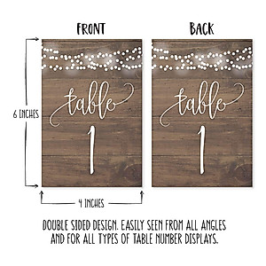 Hadley Designs 1-25 Rustic Wood Lights Table Number Double Sided Signs For Wedding Reception, Restaurant, Birthday Party Calligraphy Printed Numbered Card Centerpiece Reusable Frame Stand 4x6 Size