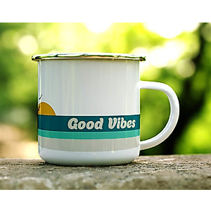Good Vibes Retro Camper Enamel Mug, Camping Coffee Mug, Beach Surf Lover Gift, Camp Outdoor Mug (12oz)