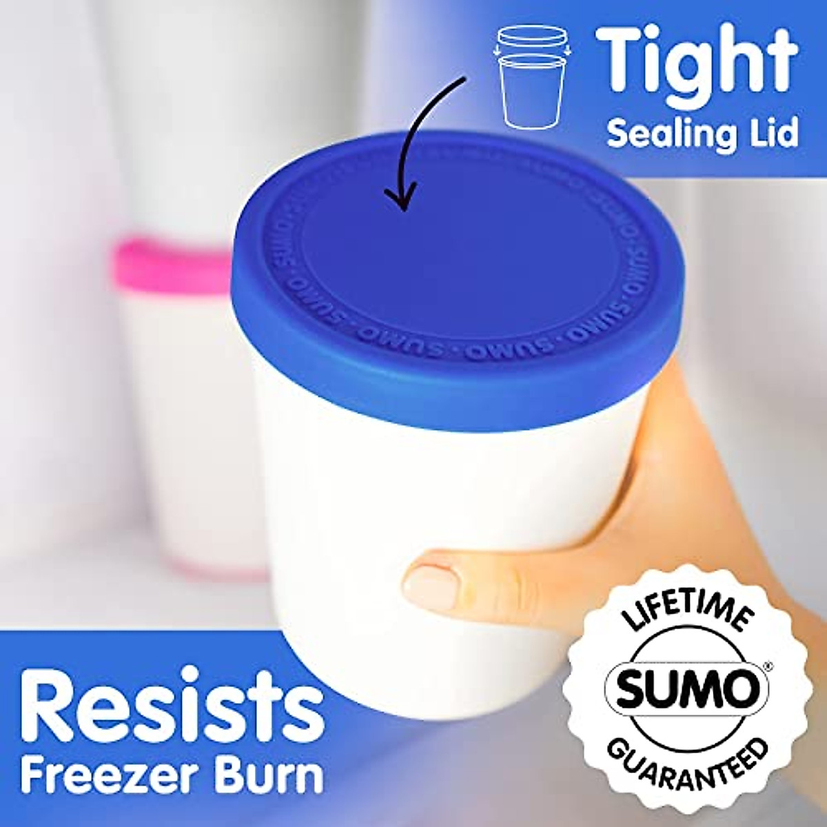 SUMO Ice Cream Containers for Homemade Ice Cream (2 Containers - 1 Quart Each) Reusable Pint-Shaped Freezer Storage Containers with Lids, Erasable Labels (Blue)