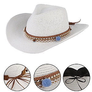 GEMVIE Cowboy Cowgirl Floppy Sun Hat Fedora Straw Wide Brim Bucket Beach Cap White 58cm