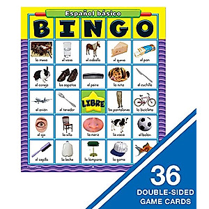 Carson Dellosa Basic Spanish Bingo Game—Learning Board Game with 50 Spanish Words with Photos, 36 Game Boards and Bingo Chips for 3-36 Players, Ages 4 and Up