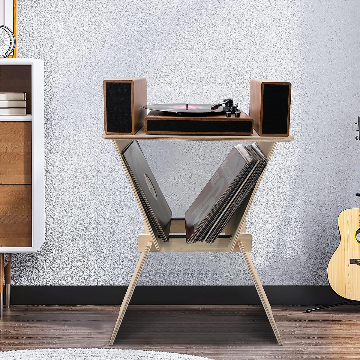 M MUSIC PUBLIC KINGDOM Record Player Stand with Record Storage Shelf, Solid Wood Turntable Stand, Light Wood