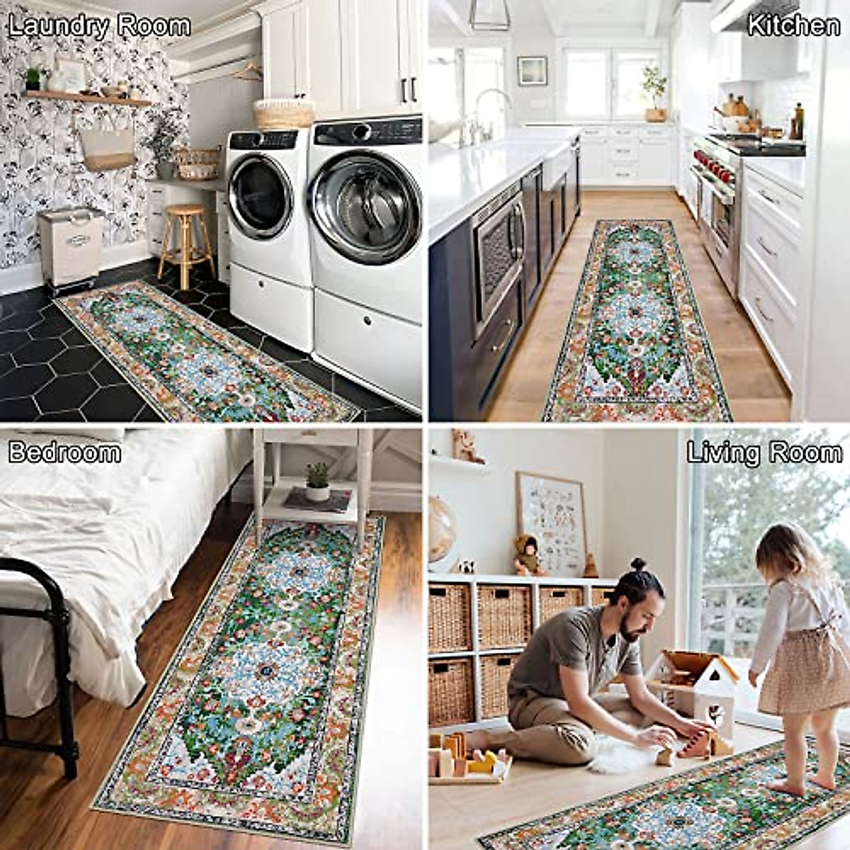 U'Artlines Boho Hallway Runner Rug 2' x 6' Vintage Farmhouse Laundry Rug Runner Accent Area Rug Carpet Non Slip Washable Kitchen Rug Entryway Runner Mat Throw Rug for Living Room (Green)