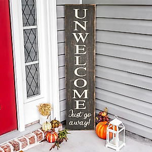 National Tree Company Hanging Porch Sign, Gray, Unwelcome, Just Go Away', Wooden Construction, Halloween Collection, 39 Inches