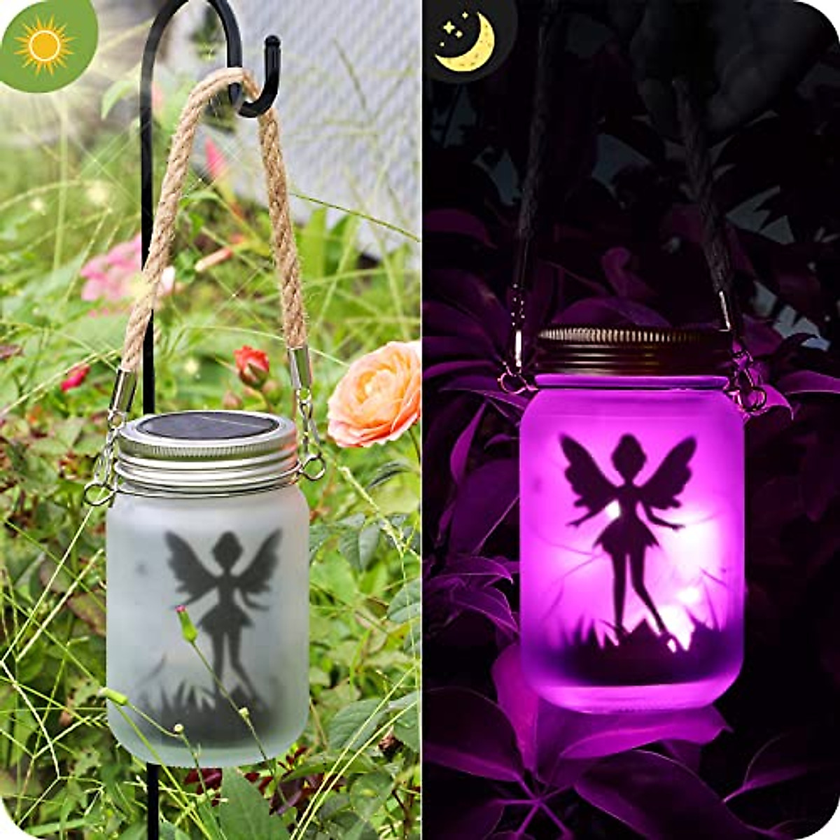 Alritz 2 Pack Solar Lantern Fairy Lights, Garden Ornament Lights - Outdoor Hanging Frosted Glass Mason Jar Lights for Tree, Table, Yard, Garden, Patio, Lawn (Rose)