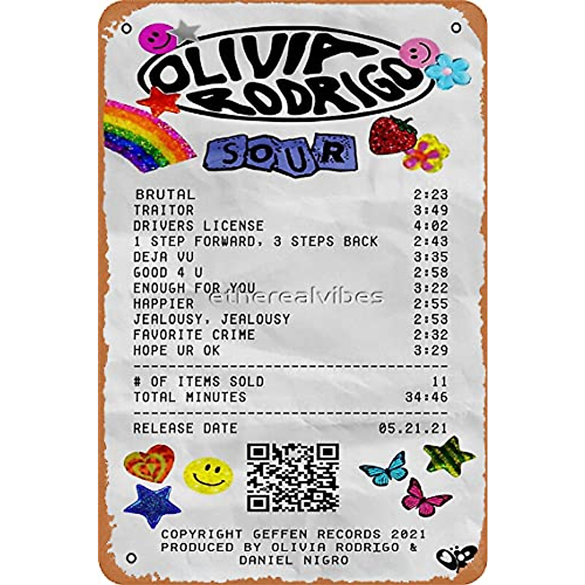 Olivia Rodrigo Sour Album Tin Sign | Vintage Metal Wall Decor
