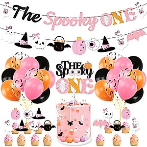 K KUMEED Pink Halloween 1st Birthday Party Decorations,The Spooky One Banner Cute Ghost Eyeballs Pumpkin Cake Topper and Latex Balloons for Halloween First Birthday Girls Birthday Party Supplies