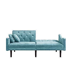 Eafurn Futon Couch Bed Sleeper Loveseat, Convertible Folding Sofa, Adjustable Backrest, Modern 2 Seater Upholstered Love Seat Sofa& Couches Sofabed, Blue w/Curved Armrest and 2 Pillows