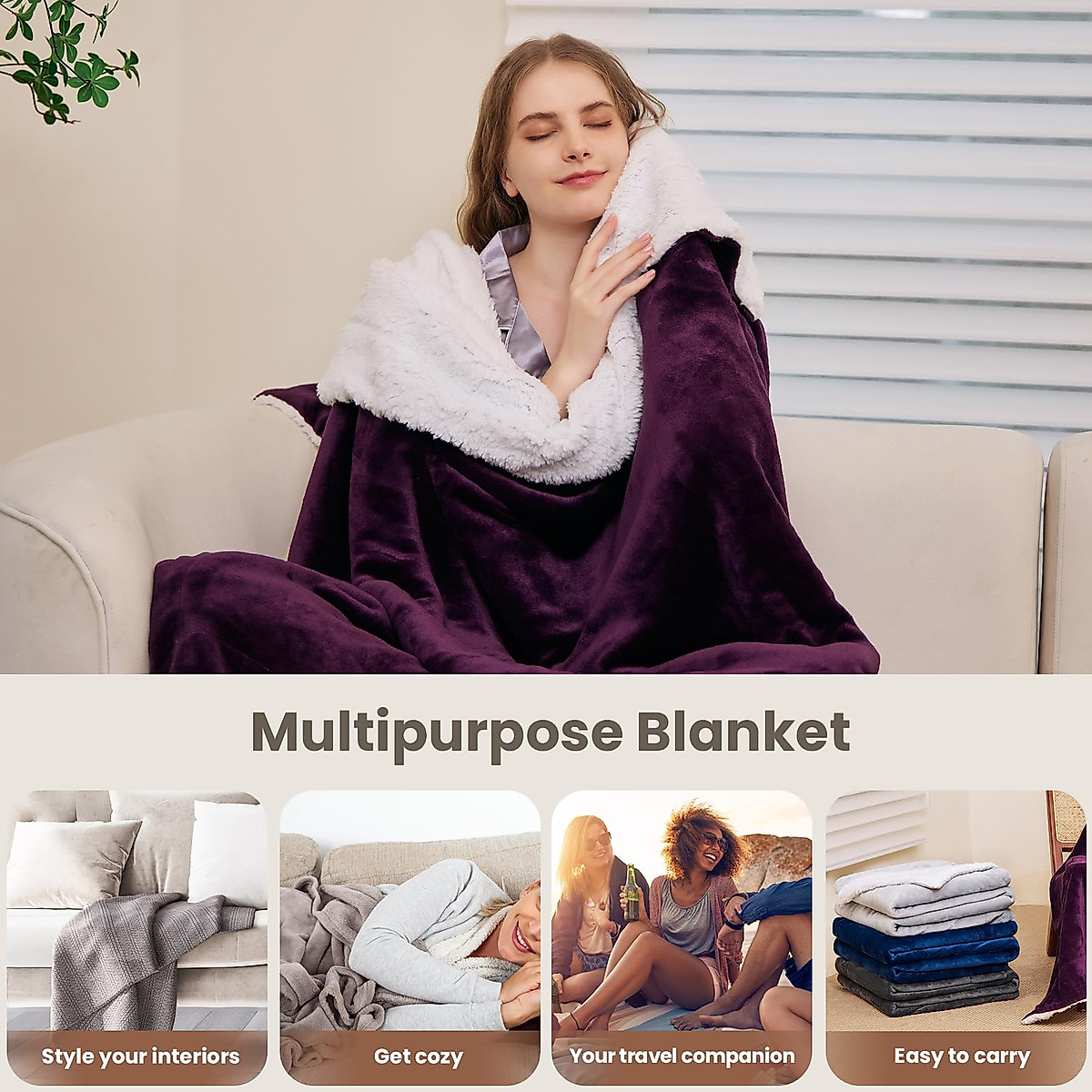 Sherpa Fleece Throw Blanket Twin Size - Thick and Warm Blanket for Winter, Warm Plush Fleece Reversible Blanket for Bed, Sofa, Couch, Camping and Travel, Purple, 60x80 Inches