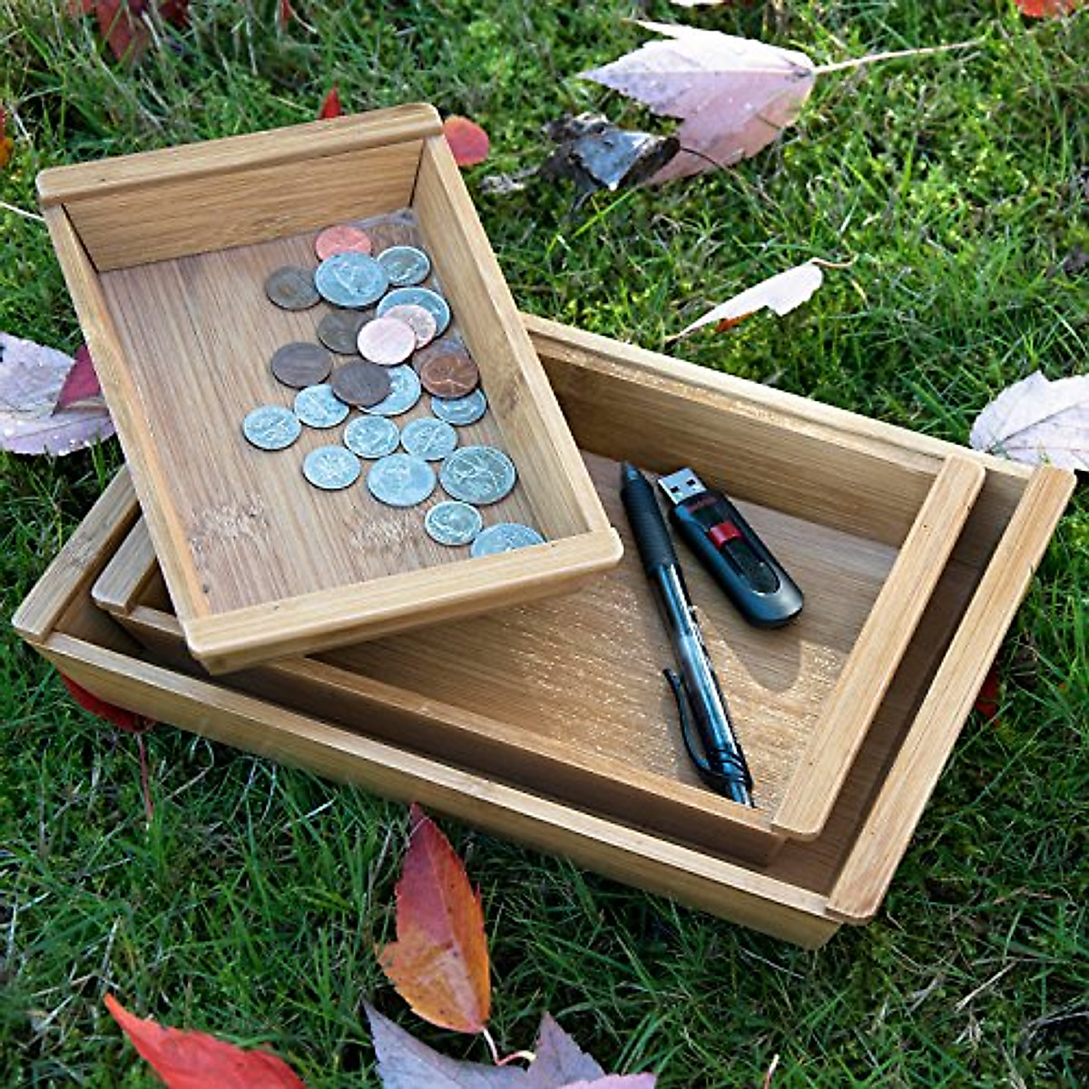 MyGift Natural Bamboo Nesting Small Serving Tray with Handles, Wooden Decorative Trays, Set of 3