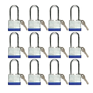 Laminated Steel Keyed Padlock, Keyed Alike Locks,1-9/16"(40mm) Wide Body,Long Shackle Padlock, Blue Plastic Hoop, Pack of 12