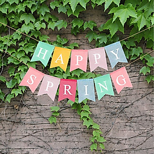 Rainlemon Rustic Linen Happy Spring Banner Fireplace Mantel Bunting Garland Decoration
