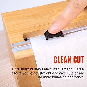 Libreshine Long Foil and Plastic Wrap Organizer with Cutter, Holder for 15 Inch Parchment Paper Roll, Bamboo Wall Mount Kitchen Wrap Dispenser