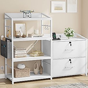 SEDETA 47” File Cabinet with Power Strip, Filing Cabinet fits Legal, Letter, A4 Size, 2 Drawer File Cabinet for Home Office with Open Shelf, Lock and 3 Hooks