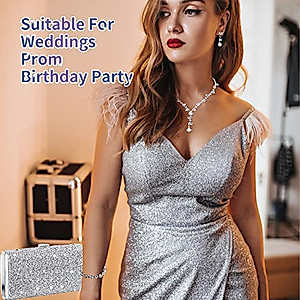 4 Pieces Women Rhinestone Evening Clutch Bag Rhinestone Ear Clip Bridal Wedding Choker Bracelet Dangle Prom Jewelry Set for Women Silver Evening Bag Bling Glitter Purse for Girls Party (Elegant Style)