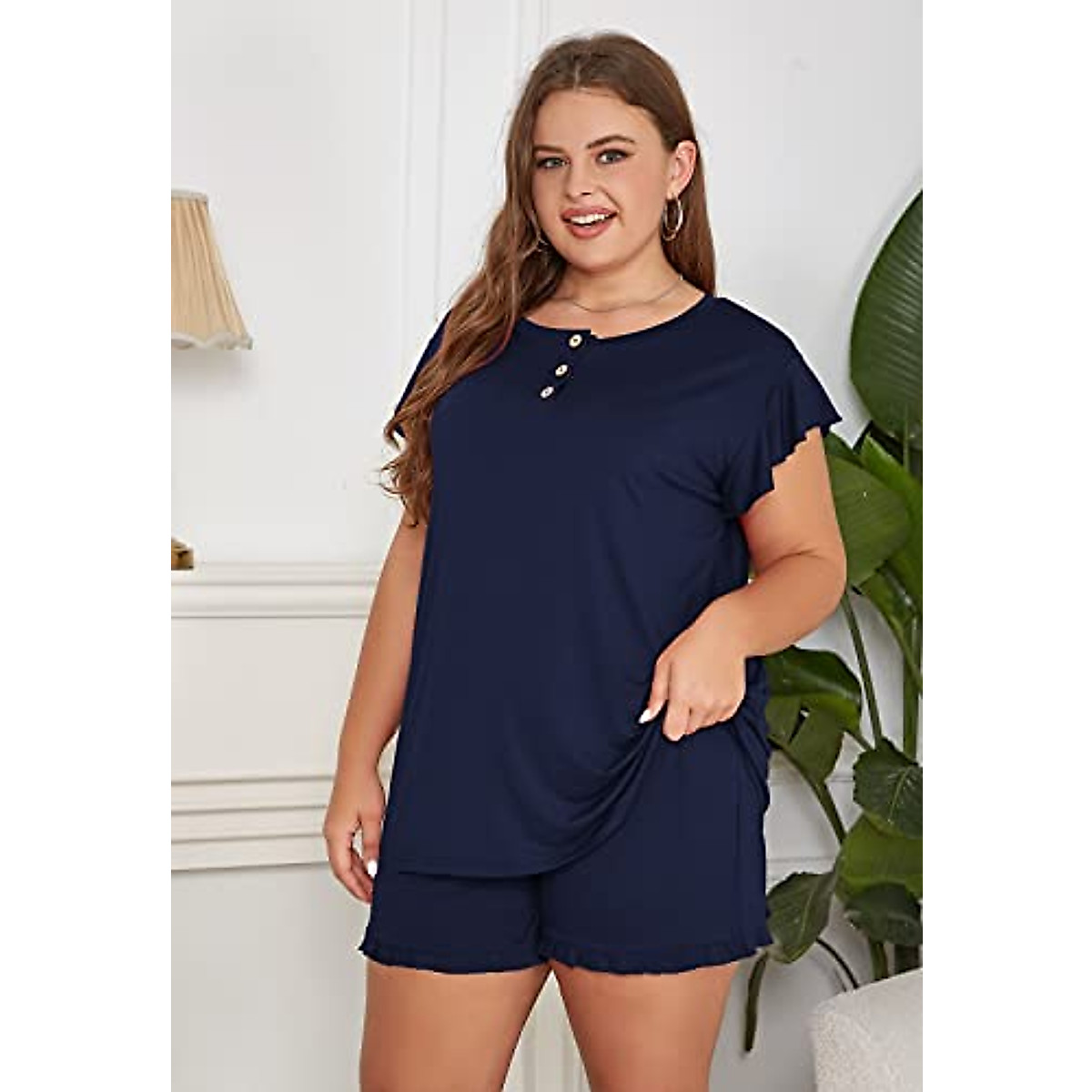 Celkuser Womens Plus Size Cute Short Pajama Set Ruffle Sleeve Button Sleepwear Soft PJs with Pocket CEL1002(cel1002,5XL,Navy)