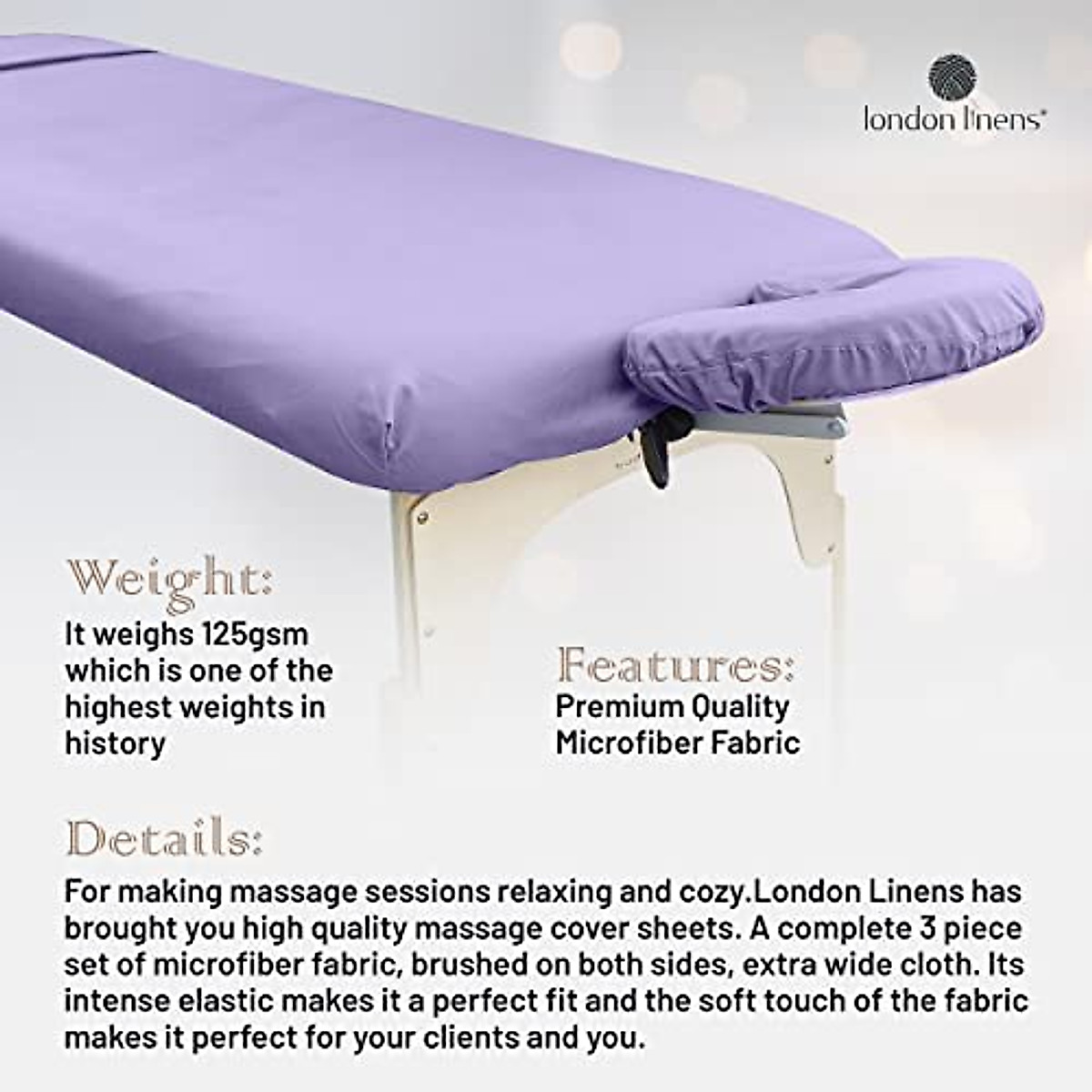LONDON LINENS Soft Microfiber 3-Piece Massage Table Sheets - Super Lightweight, Stain and Wrinkle Resistant - Includes Table Cover, Fitted Sheet, and Face Rest Cover (Fresh Lilac)