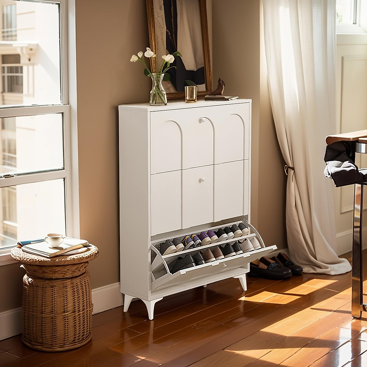 Modern Shoe Cabinet with 3 Flip Drawers,Adjustable Slim Freestanding Narrow Shoe Rack Tipping Bucket Shoe Cabinet with Door Open Shelves for Entryway