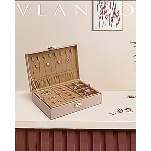 Vlando Jewelry Box for Women Girls 2 Layer Large Jewelry Organizer Storage Case PU Leather Jewellery Stackable Tray for Necklace Earrings Rings Bracelets Home Decor Gifts Beige