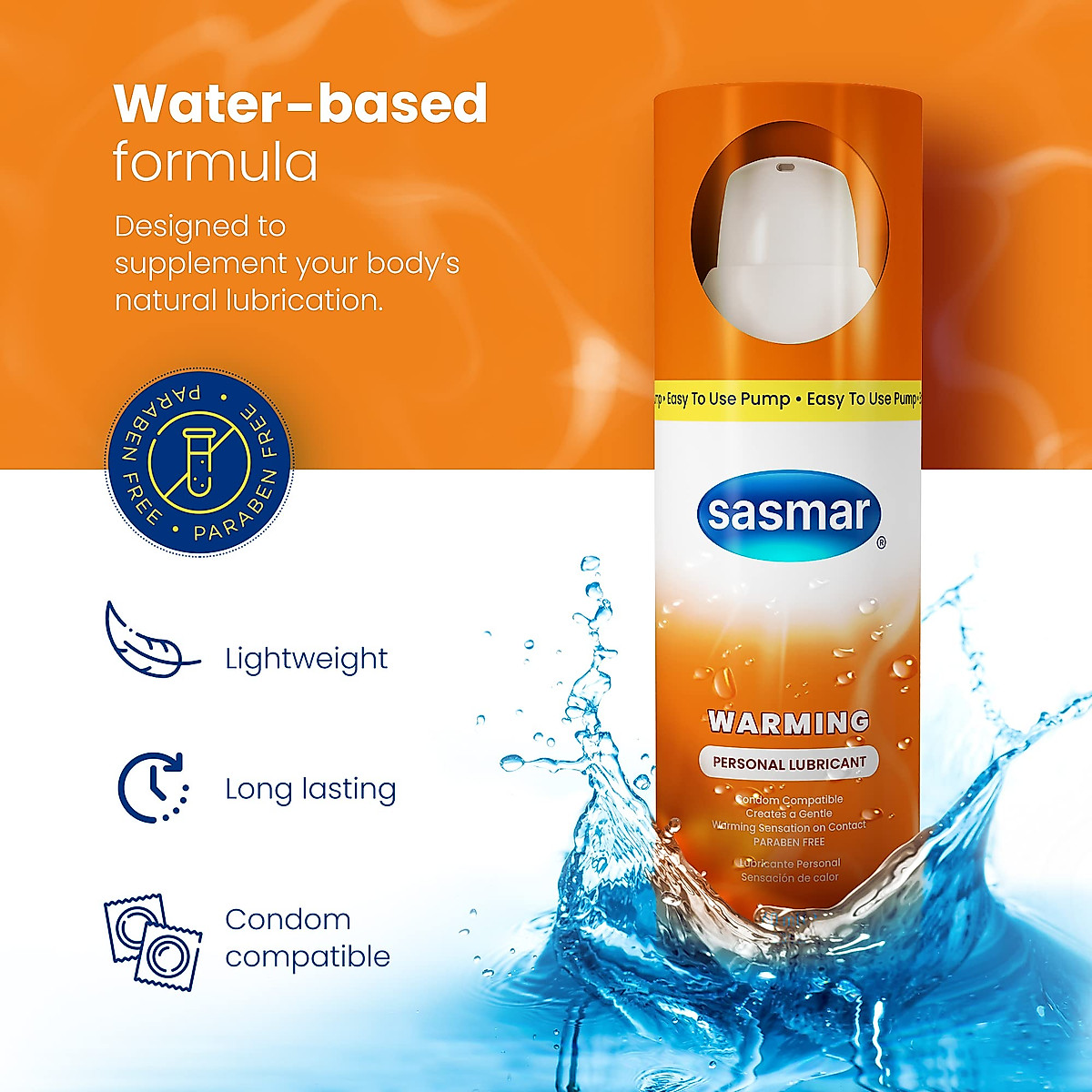 SASMAR Warming Lubricant Men, Women, Couples, Him, Her – Water Based Personal Lube - Long lasting Formula, Paraben Free, No Residue – Compatible With All Condoms & Toys - 2.3 oz