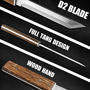 MADSABRE Samurai Full Tang Knife Japanese Katana - Tanto Fixed Blade Knives for Outdoor Tactical Hunting Survival Knives with Wooden Sheath (D2 Steel-Yellow)