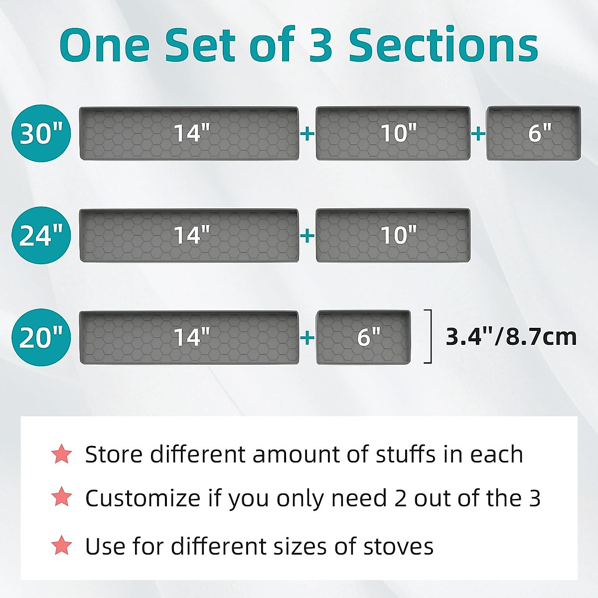 Silicone Magnetic Stove Top Shelf: Over the Stove Spice Rack for 20"/24"/30" Length, Non-Slip Oven Shelf for Top of Stove, Magnetic Shelf for Kitchen Stove with 3 Sections, Shelf for Back of Stove