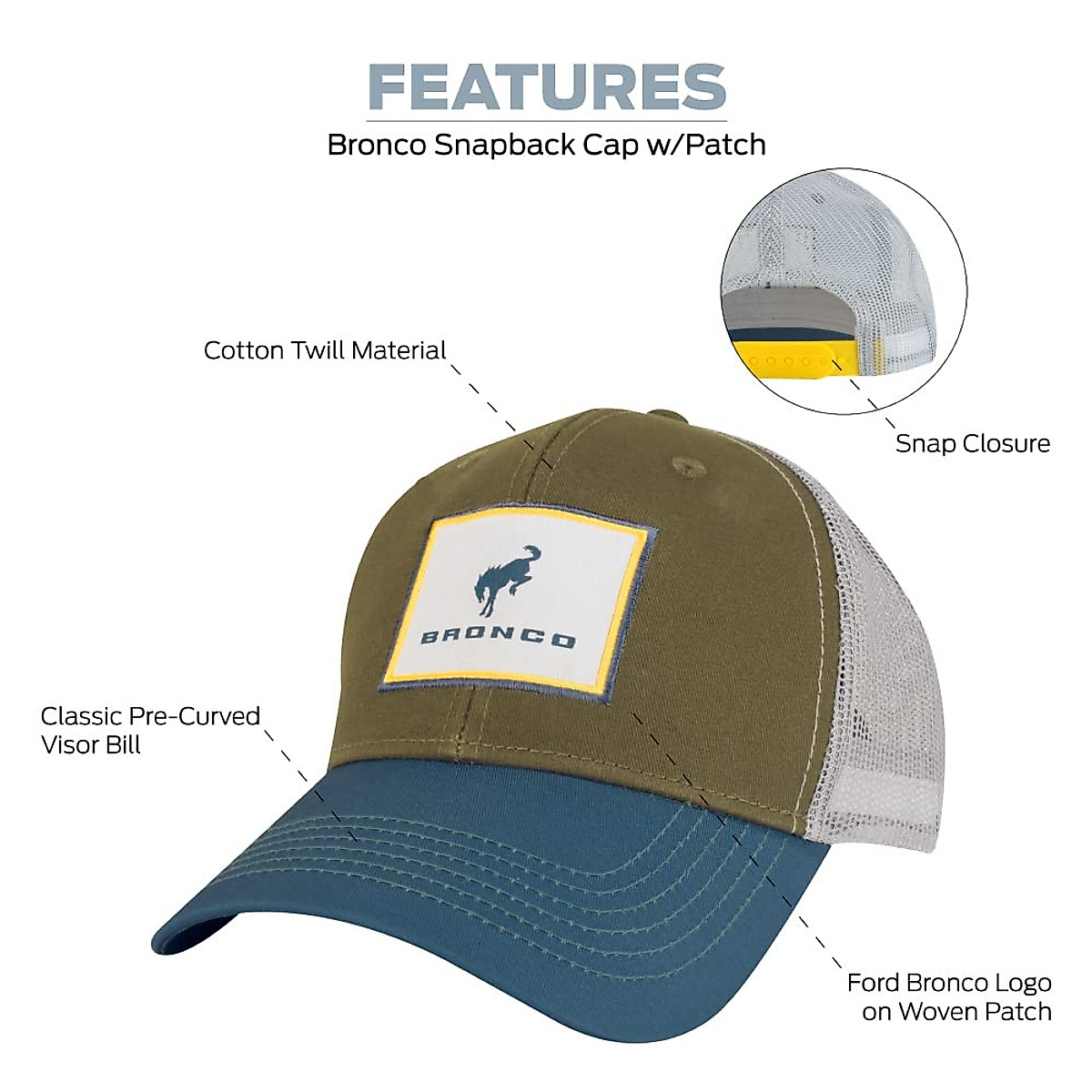 Ford Bronco Snapback Hat with Patch Logo, Olive/Teal