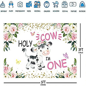Ticuenicoa 5x3ft Holy Cow I'm One 1st Birthday Backdrop for Girls Baby Shower Photography Background Pink and Gold Floral Animals Bday Backdrops for Party Newborn Kids Supplies Photobooth Props…