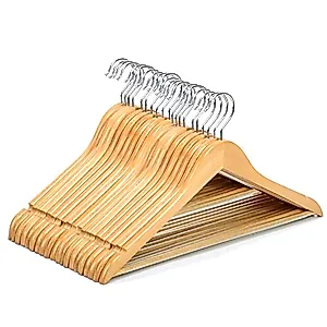 Nature Smile Wooden Suit Hangers 20 Pack Premium Solid Wood Coat Clothes Hangers with Non Slip Bar - Smooth Finish with 360° Swivel Hook and Smooth Notches for Camisole Jacket Pant Dress Natural Color