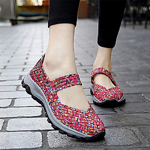 GOSPT Women's Elastic Woven Walking Shoes Mary Jane Flats Slip on Sneakers Multicoloured Red 7.5