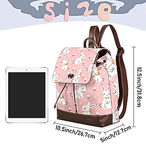 Cute Rabbit PU Leather Backpack Purse, Bunny Flower Shoulder Rucksack College School Bookbag Travel Daypack for Women Ladies