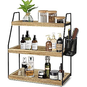 3-Tier Bathroom Organizer Countertop, Wood Bathroom Countertop Vanity Organizer Bathroom Trays for Counter, Skincare Organizer Makeup Cosmetic Holder Standing Storage Shelf, Kitchen Spice Rack, Brown