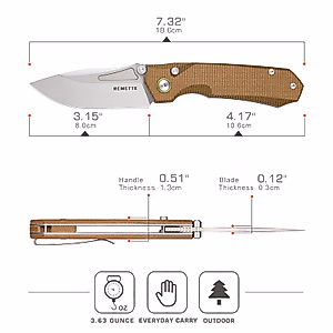 REMETTE Pocket Knife Rockable Design Button Lock Rhino 0316, EDC Pocket Knife for Men, 14C28N Blade Folding Knife, Durable Micarta Handle with Pocket Clip, Sharp Hunting Camping Knives