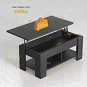 NOBLEWELL Coffee Table Lift Top with Storage Compartment and Separated Open Shelves, Pop Up Coffee Table for Living Room, 39.4in L, Black