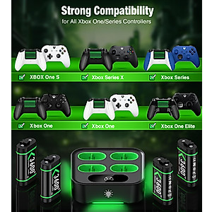 Upgraded Fast Charging Rechargeable Battery Packs with Light Control, 4 x 3600mWh Xbox Controller Batteries with Charger Dock/Station for Xbox Series X|S, One S/X/Elite Controllers, Console Accessory