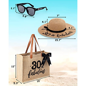 Percozzi 30th Birthday Gifts Her Tote Bag 30 & fabulous Hat and Glasses Summer Beach Party Vacation Supplies Straw Sun Black Decorations Set of 3