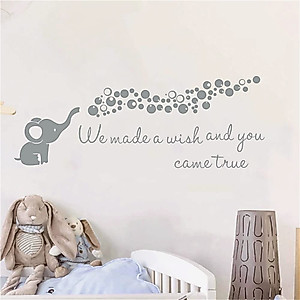 Home Nursery Room Wall Decor Sticker Baby Elephant Blowing Bubble Wall Sticker Vinyl Wall Decal Quotes We Made a Wish and You Came True Kids Bedroom Wall Mural AFN100 (Gray)