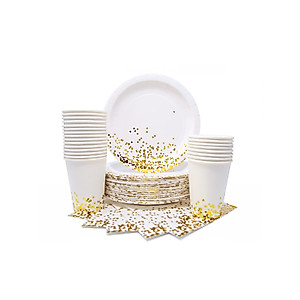 Party Chic 50 Count 7” Inch White and Gold Paper Plates Fancy Paper Plate Dessert Plates New Years Disposable Plates 50th Anniversary Thanksgiving Christmas Holiday