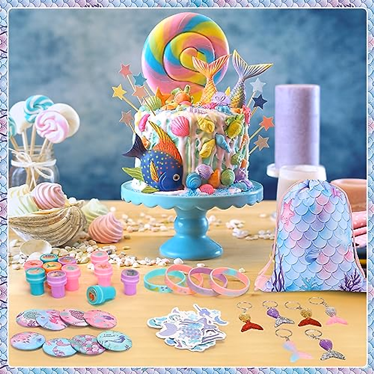 Sasylvia 110 Pcs Mermaid Party Supplies Favors Include Mermaid Silicone Bracelets Button Pins Mermaid Drawstring Bags Stamps Keychains Stickers for Kids Girls Mermaid Theme Birthday Party Supplies