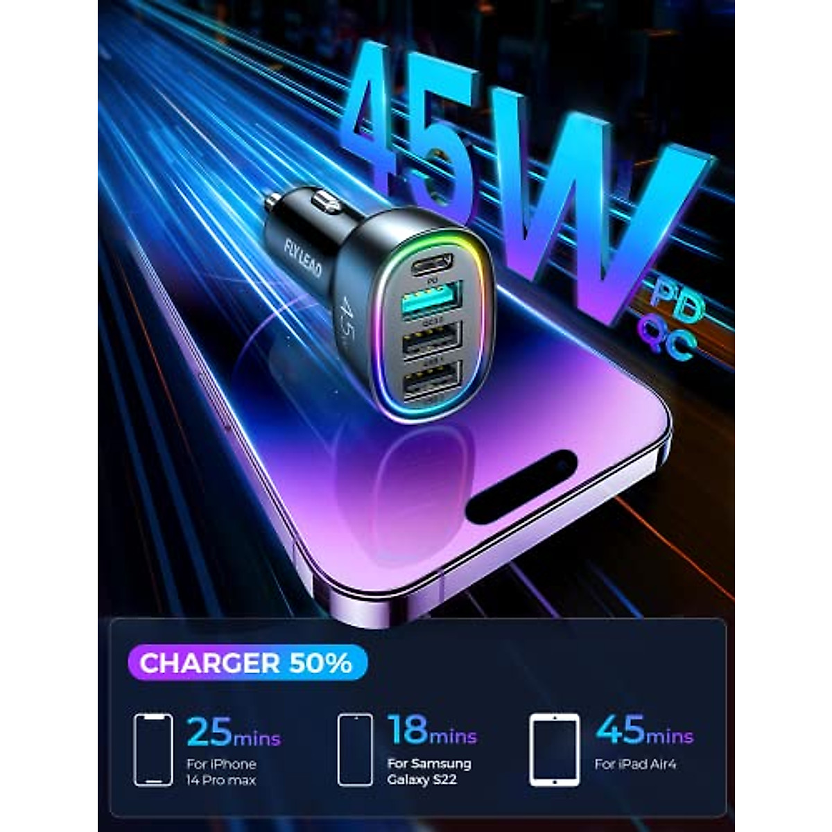 USB C Car Charger, 45W 4 Ports Super Fast Car Charger Adapter, PD3.0 & QC3.0 30W Type C Car Charger Compatible with iPhone 14 Pro Max/Pro/Samsung Galaxy 22/Google Pixel, Cigarette Lighter USB Charger