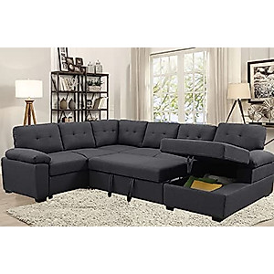 Sectional Sleeper Sofa Bed L Shaped Pull-Out Couch Bed with Storage Lounge Chair Home Office Sleeper Sofa Couch 6 Seater Sectional Couches Set, Dark Grey