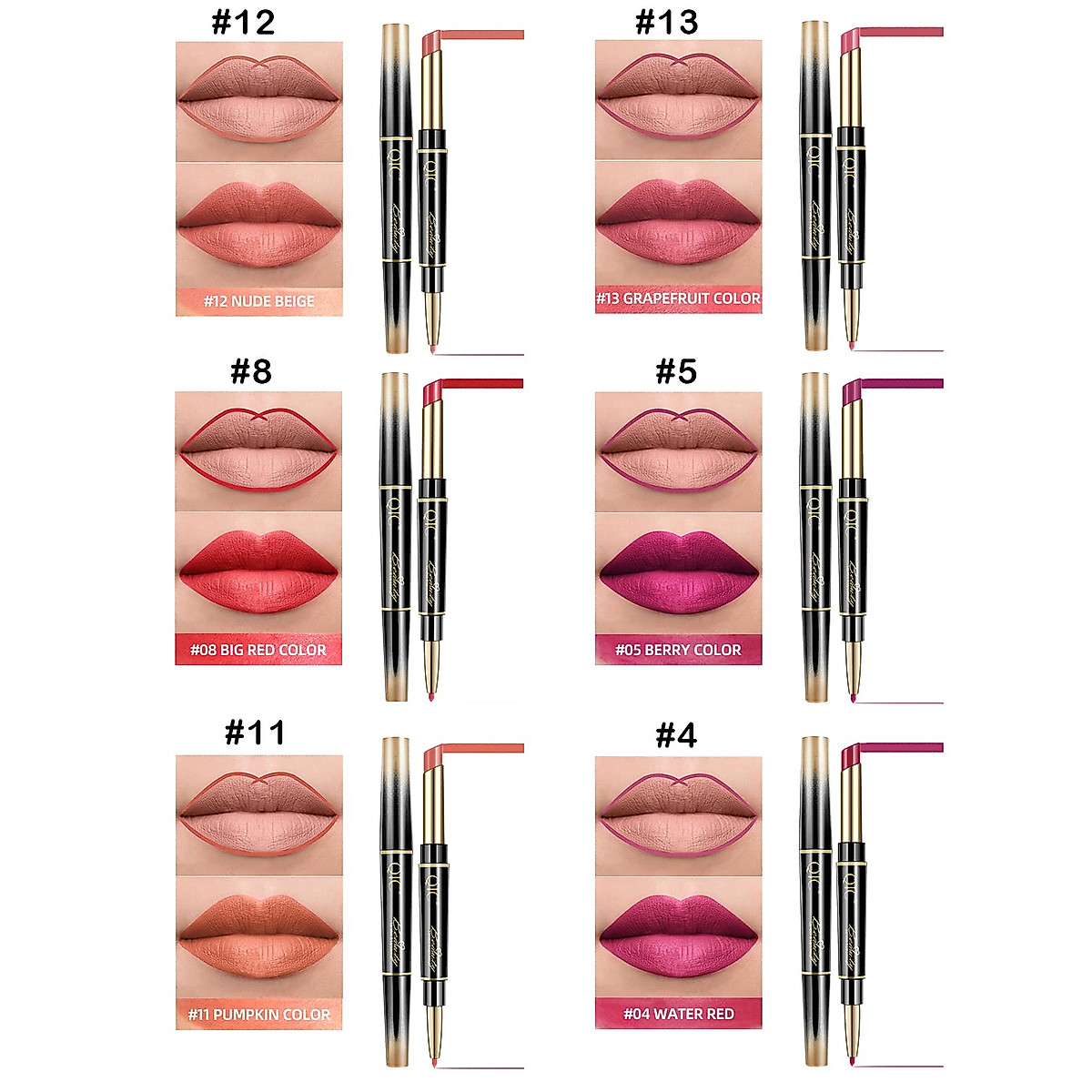 6Pcs Lip Liner and Lipstick Makeup Set, Purple Red/Claret/Vermilion/Pastel Orange/Rose/Ruby Red Lipstick Pen and with Lip Liner Pencil Set Lipstick Gift Set for Daily/Travel/Party/Work