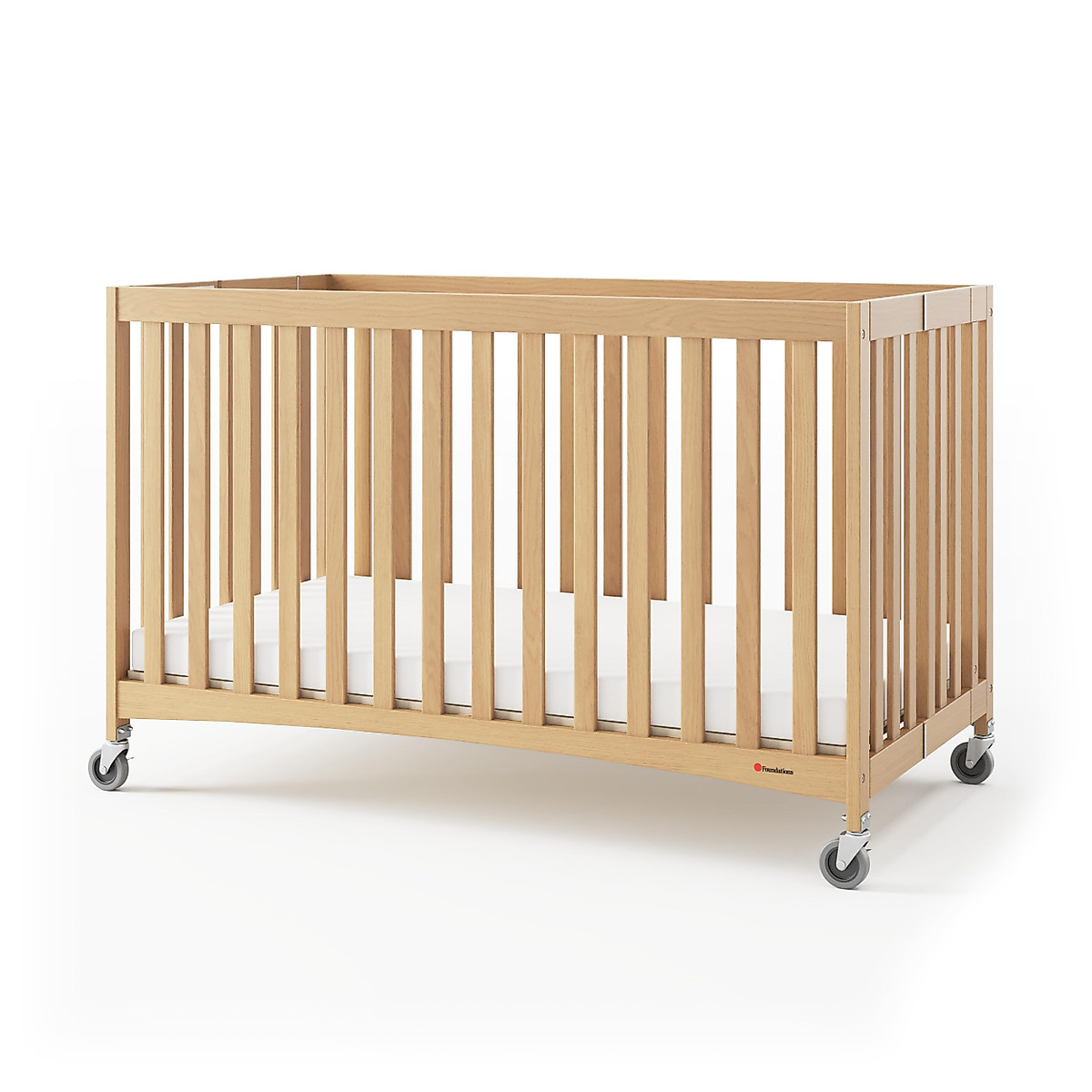 Foundations Travel Sleeper Full-Size Wooden Folding Crib, Portable Baby Crib with 3” InfaPure Foam Crib Mattress and Commercial Grade Casters, Hotel Crib (Natural)