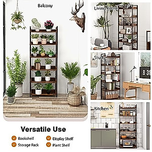 Giantex Industrial 6-Tier Bookshelf, 70" Tall Freestanding Storage Display Shelf with 4 Hooks, Anti-Tipping Device, Adjustable Foot Pads, Wooden Floor Open Display Shelving, Bookcase Shelf Rack