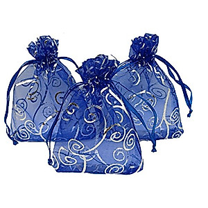 Ankirol 100pcs Sheer Organza Favor Bags For Wedding Baby Shower Rattan Print Gift Bags Samples Display Drawstring Pouches (3x4 inch, blue)